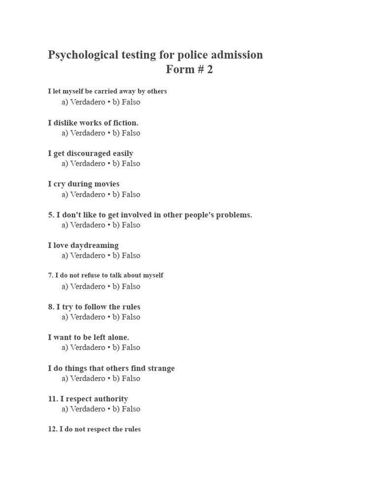 NATIONAL POLICE PSYCHOLOGICAL TEST | PDF | Psychological Concepts ...