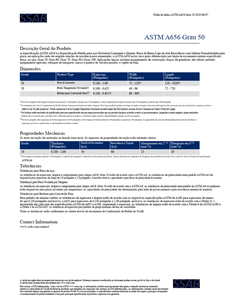 Folha de Dados ASTM A656 Grau 50 | PDF