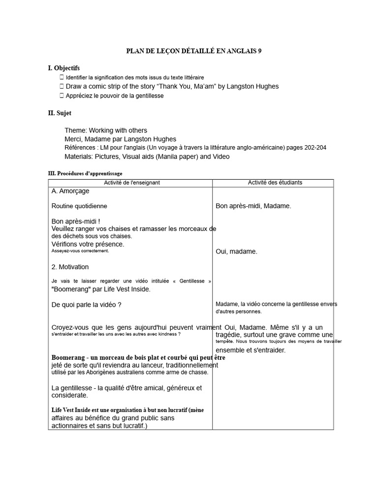 Merci Madame Plan de Leçon | PDF