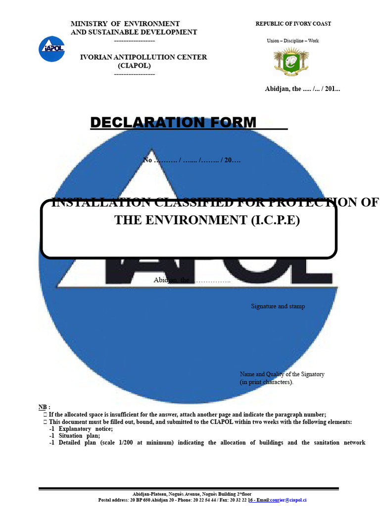 ICPE DECLARATION FORM 2017 - new | PDF | Ivory Coast | Water