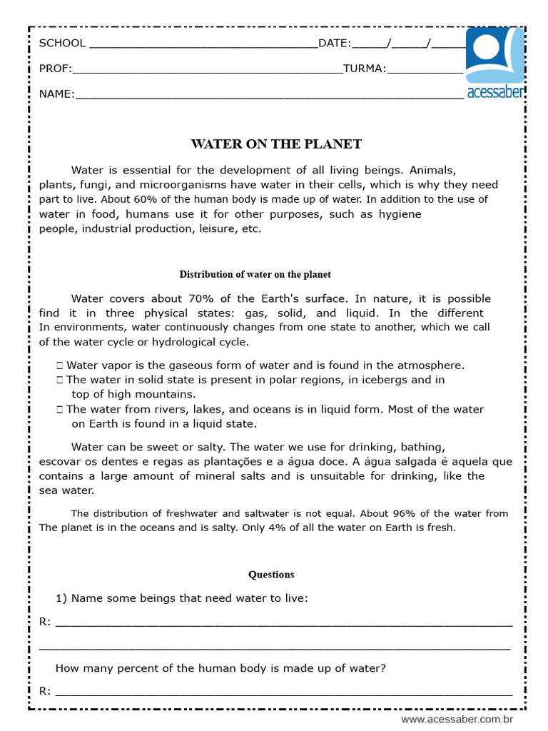 science-activity-water-on-the-planet-5th-grade | PDF | Water | Earth