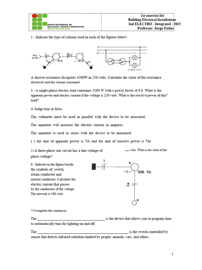 1st Exercise List - Building Electrical Installations | PDF | Ac Power ...