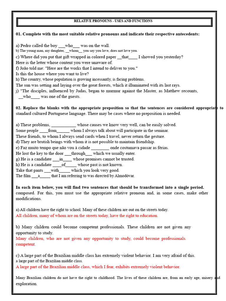 Activities Relative Pronouns Answers | PDF | Grammar | Syntax