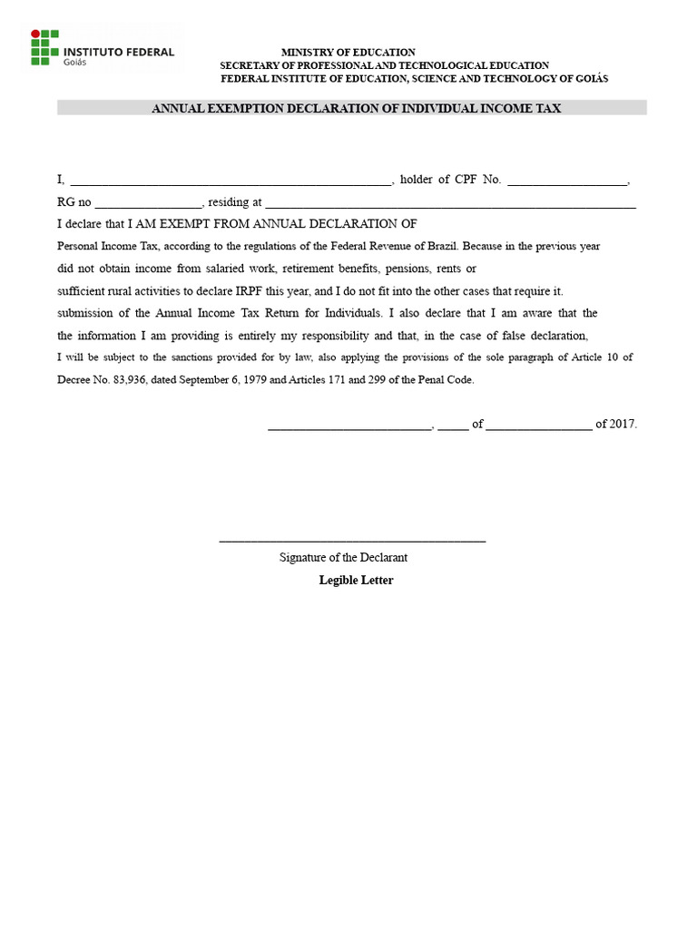 Declaration of Income Tax Exemption For Individuals | PDF