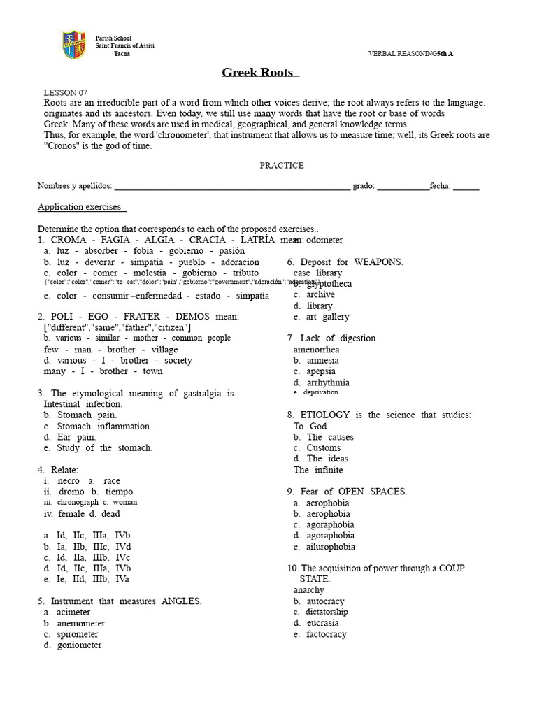 PRACTICE OF GREEK ROOTS - 5th - A (RV) | PDF