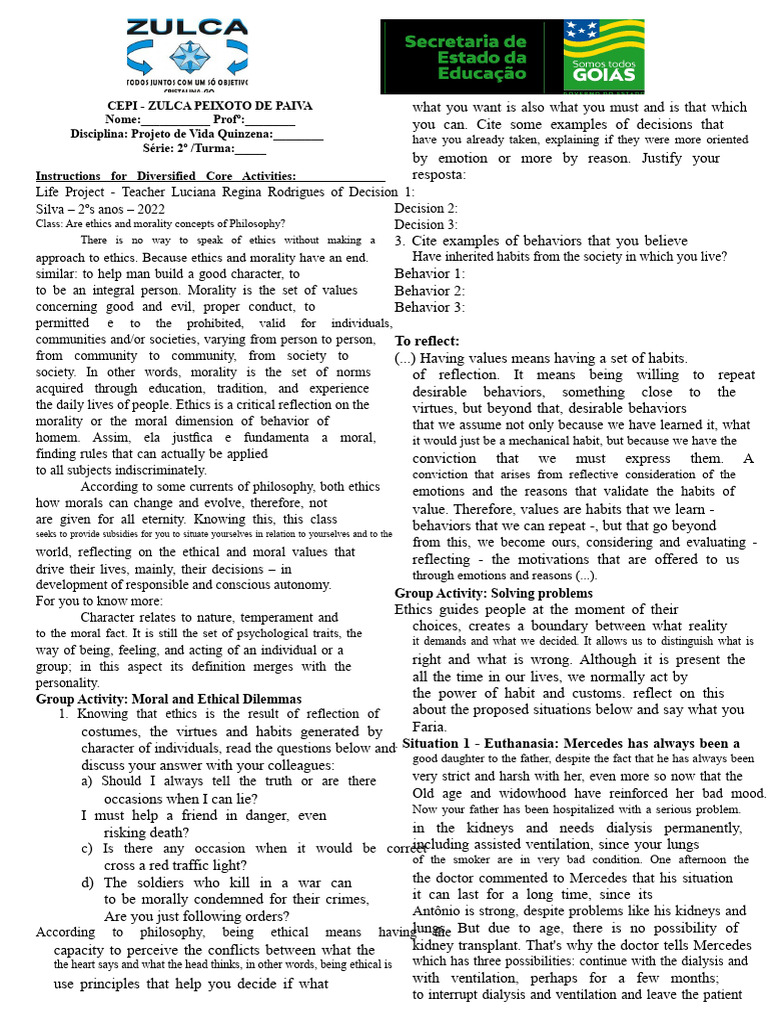 Activity 01 - Life Project - 2nd Grades - Activity - Ethics and ...