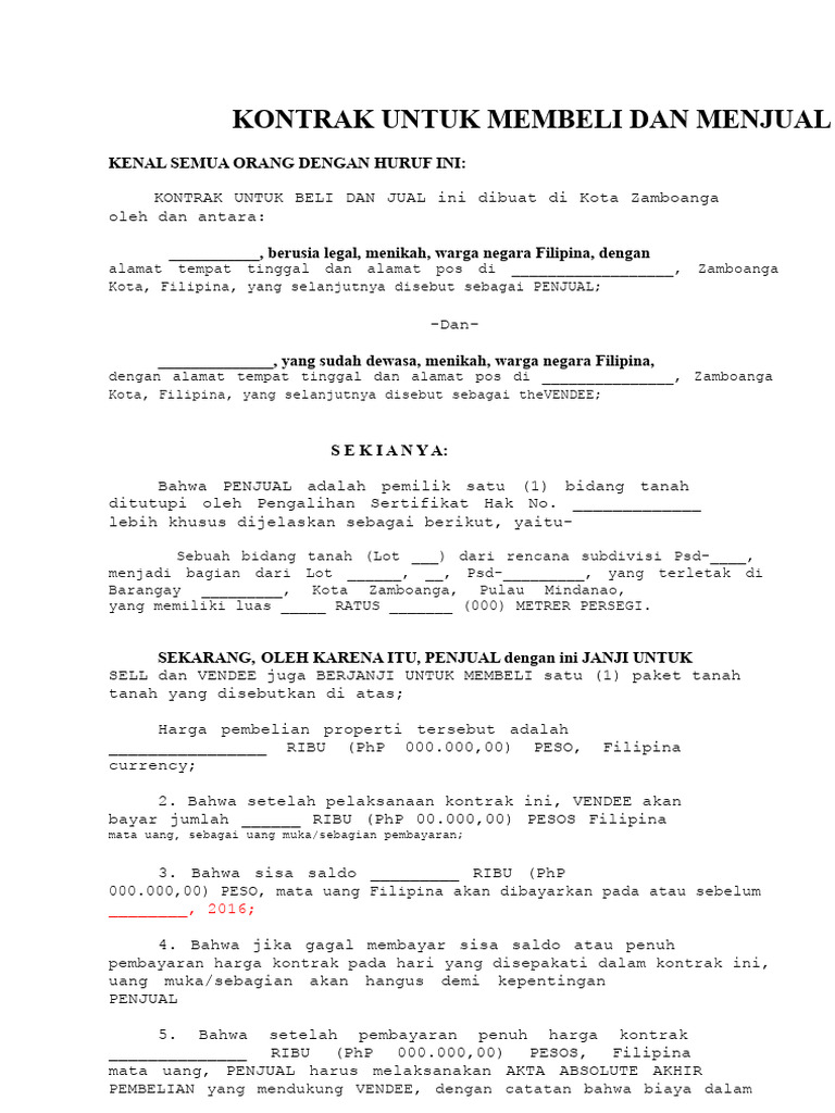 Kontrak untuk Membeli & Menjual - Contoh Format | PDF