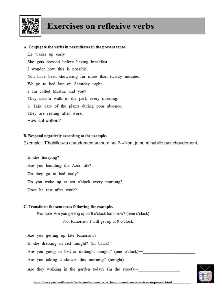 Reflexive Verbs Exercises in French | PDF