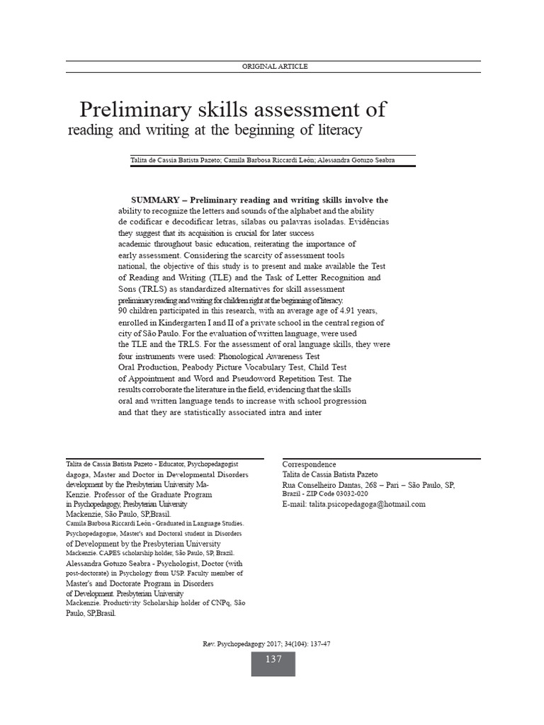Early Literacy Skills Assessment Tools | PDF | Literacy | Cognitive Science