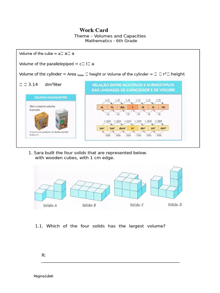 Worksheet on Volumes and Capacities 6th Grade | PDF | Volume ...
