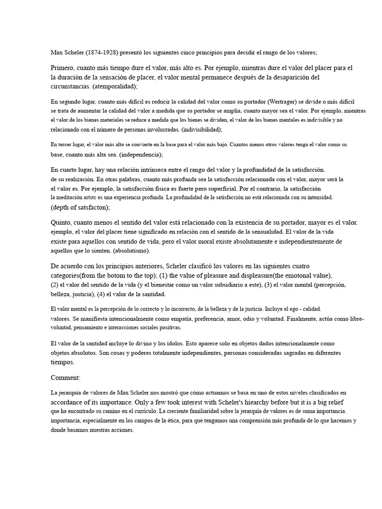 Jerarquía de valores según Max Scheler | PDF | Placer | Belleza