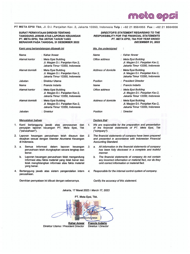 SPD LK Audit PT Meta Epsi TBK 2022 | PDF