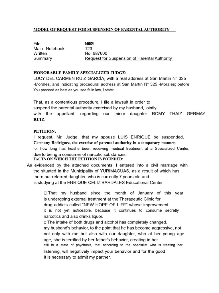 Model of Request for Suspension of Parental Authority | PDF | Drugs ...