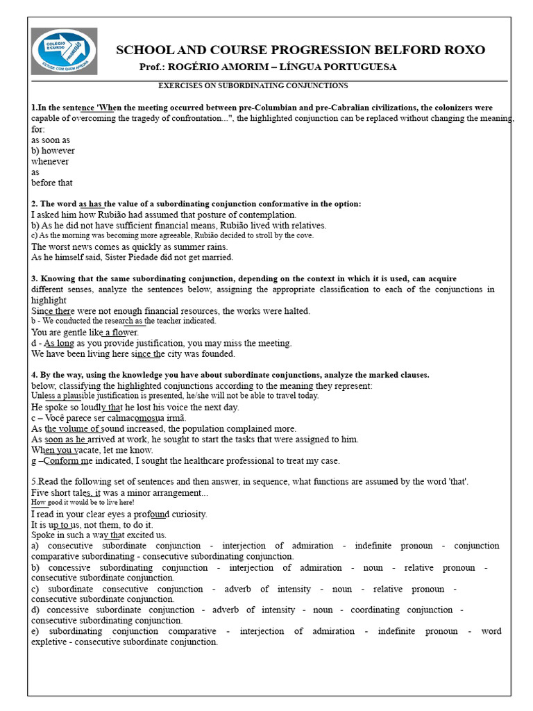 Subordinating Conjunctions Exercises | PDF | Pronoun | Adverb