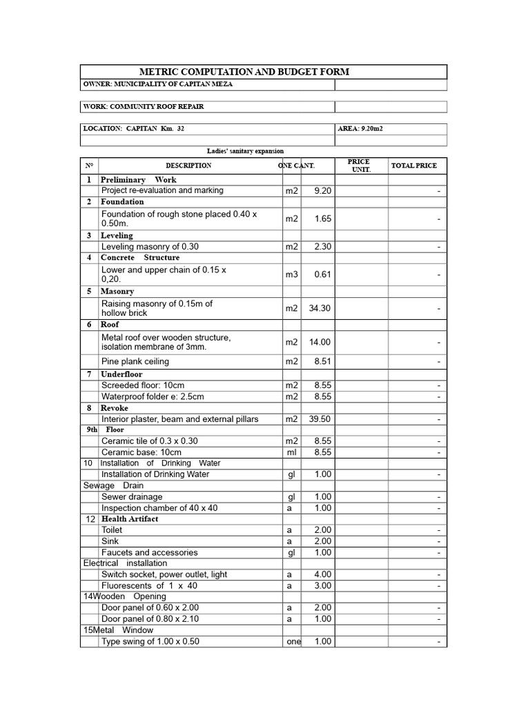 Metric Computation and Budget Form 1332516628423 | PDF | Wall | Masonry