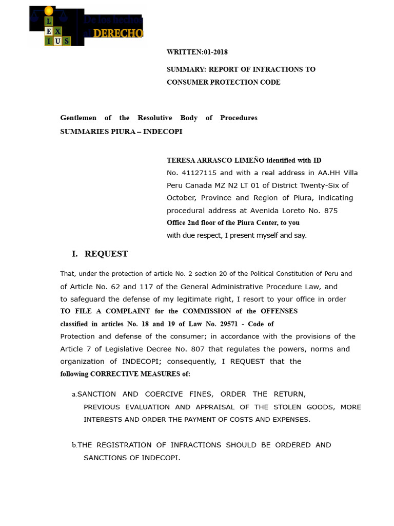 MODEL OF COMPLAINT FOR VIOLATIONS OF THE CONSUMER PROTECTION CODE | PDF