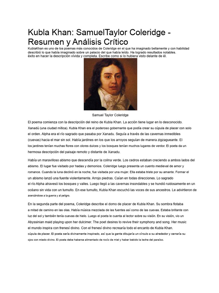 Resumen y Análisis Crítico de Kubla Khan | PDF | Samuel Taylor Coleridge