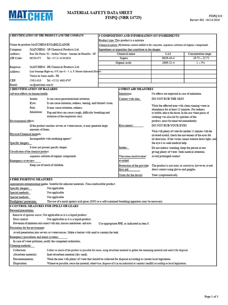 Material Safety Data Sheet for MATCHEM | PDF | Occupational Safety And ...