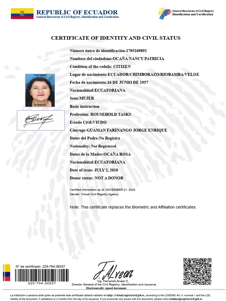 Ecuador Civil Status Certificate | PDF | Document | Civil Law (Common Law)