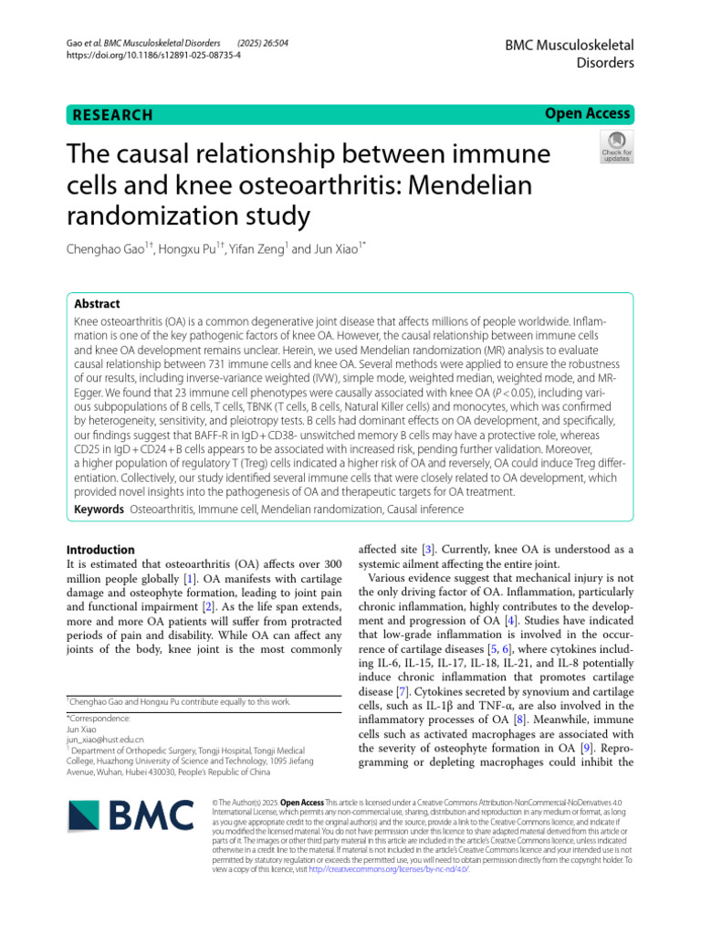 The Causal Relationship Between Immune Cells and Knee Osteoarthritis Mendelian Randomization ...