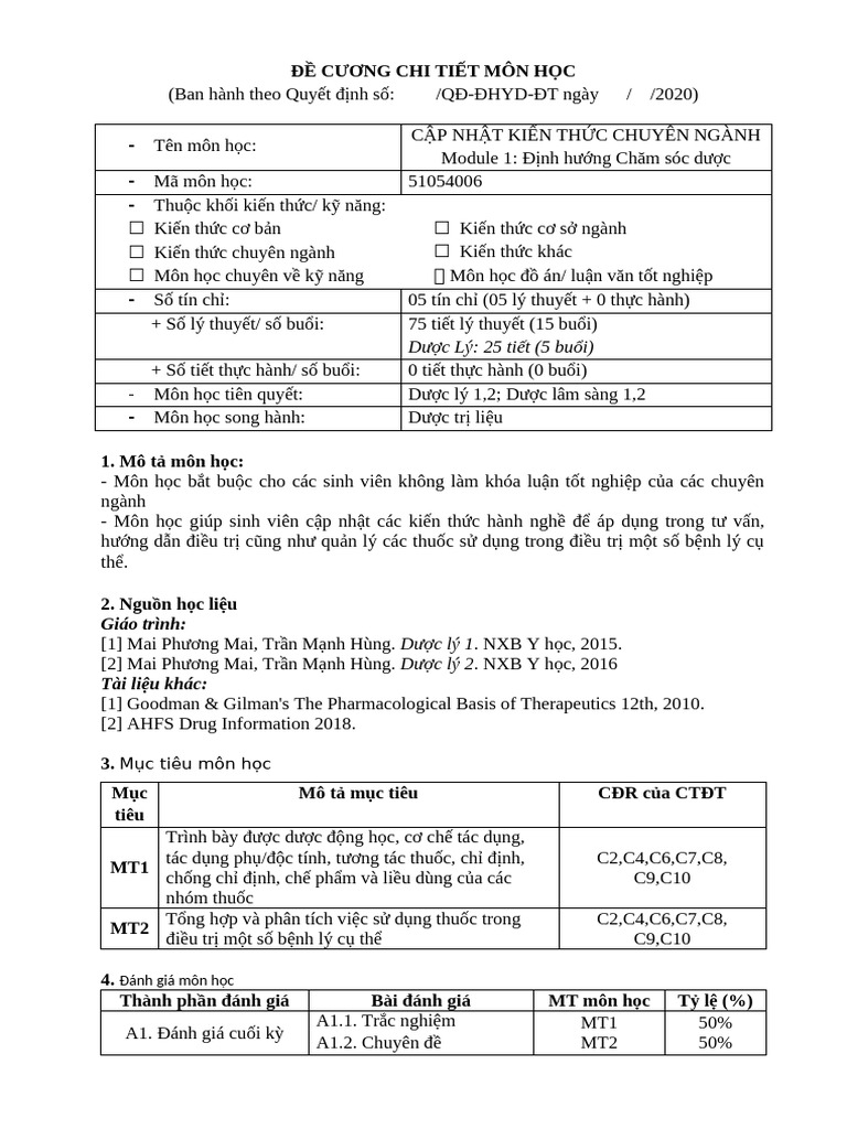 Ly thuyet tong hop 06052021 (Module Chăm sóc Dược - Dược lý) | PDF