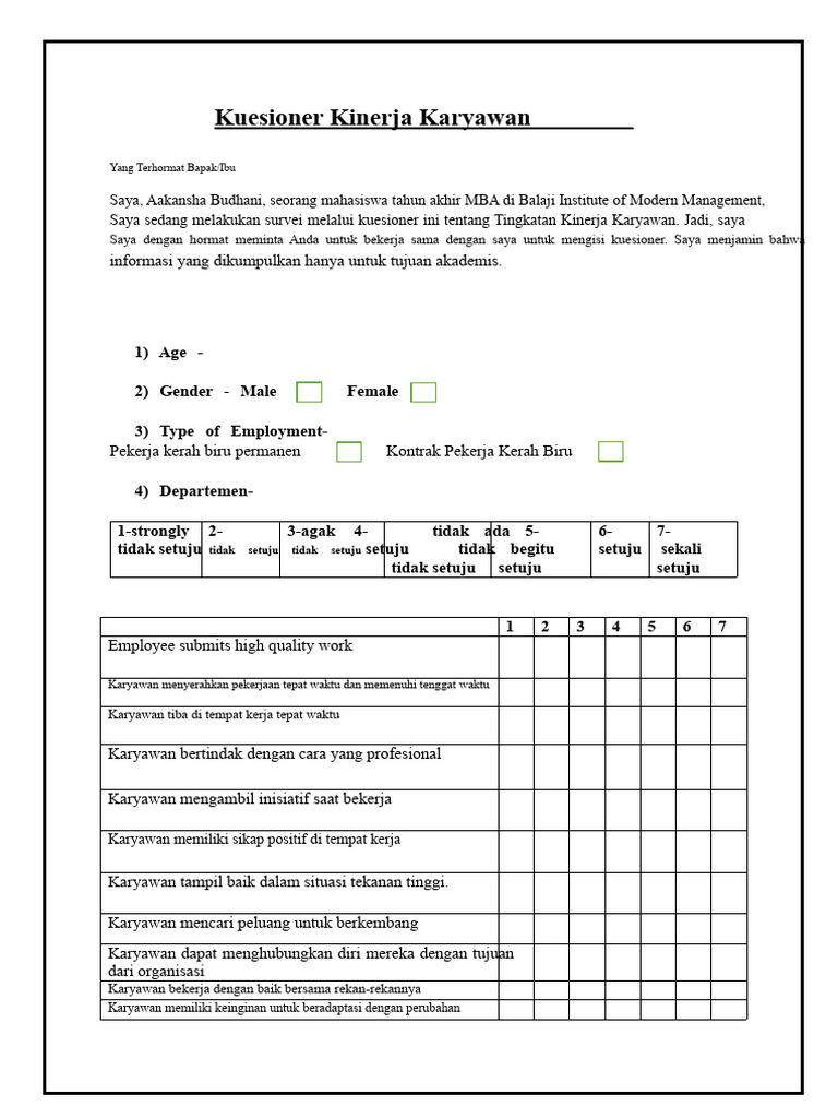 Kuesioner Kinerja Karyawan | PDF