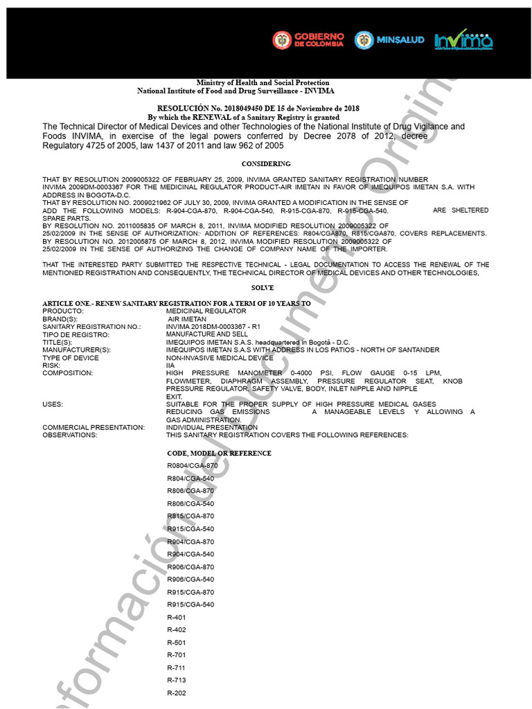 Invima - Regulator - Air Imetan R-915-2018 Updated | PDF | Medical ...