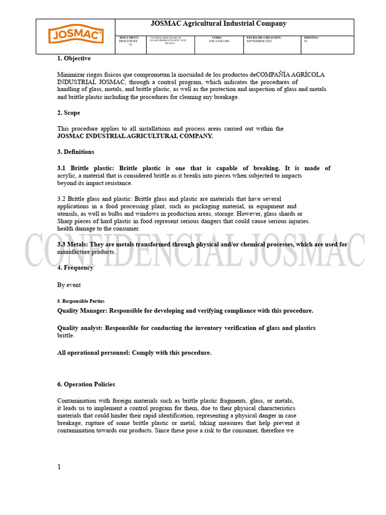 Jos-2-Ino-004 Procedure For Control of Glass, Brittle Plastic and Metal ...