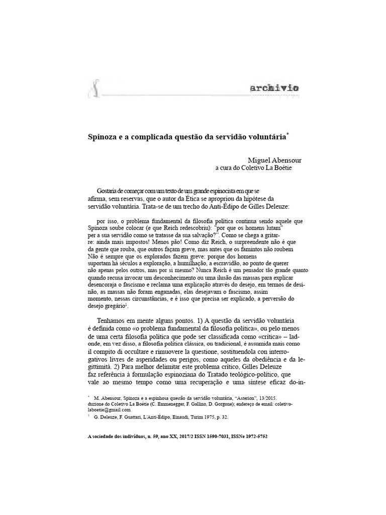 Abensour, M. - Spinoza e a complicada questão da servidão voluntária | PDF | Baruch Spinoza ...