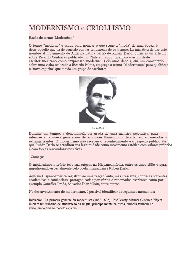 5º Ano Conteúdo 2 (Tema # 3) do 2º Bimestre Modernismo e Criollismo (1) | PDF | Modernismo