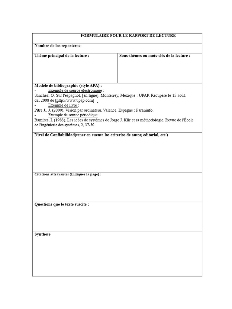 Formulaire de Rapport de Lecture | PDF