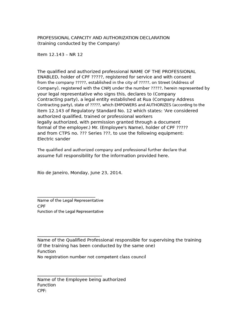 Declaration of Qualification and Professional Authorization - Nr 12 | PDF