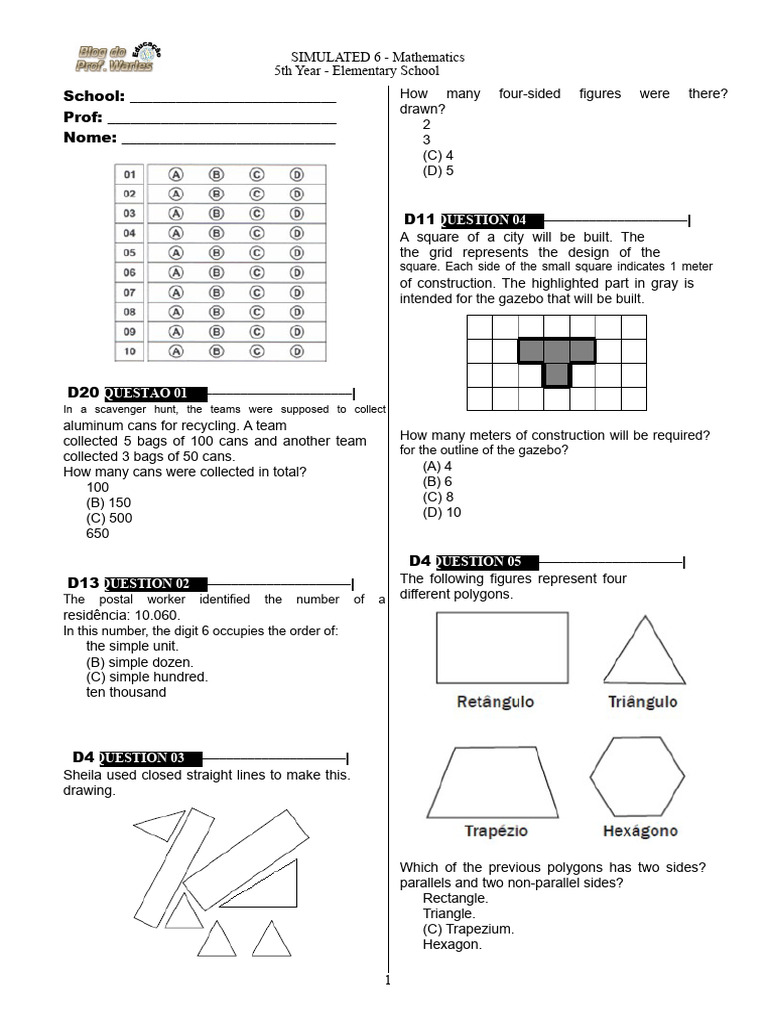 Simulated 6 (Math 5th Grade) - Blog of Prof. Warles | PDF | Rectangle ...