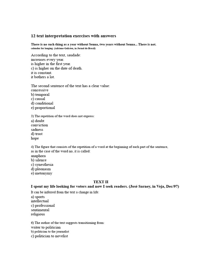12 Exercises of Interpretation of Short Texts With Answer Key | PDF