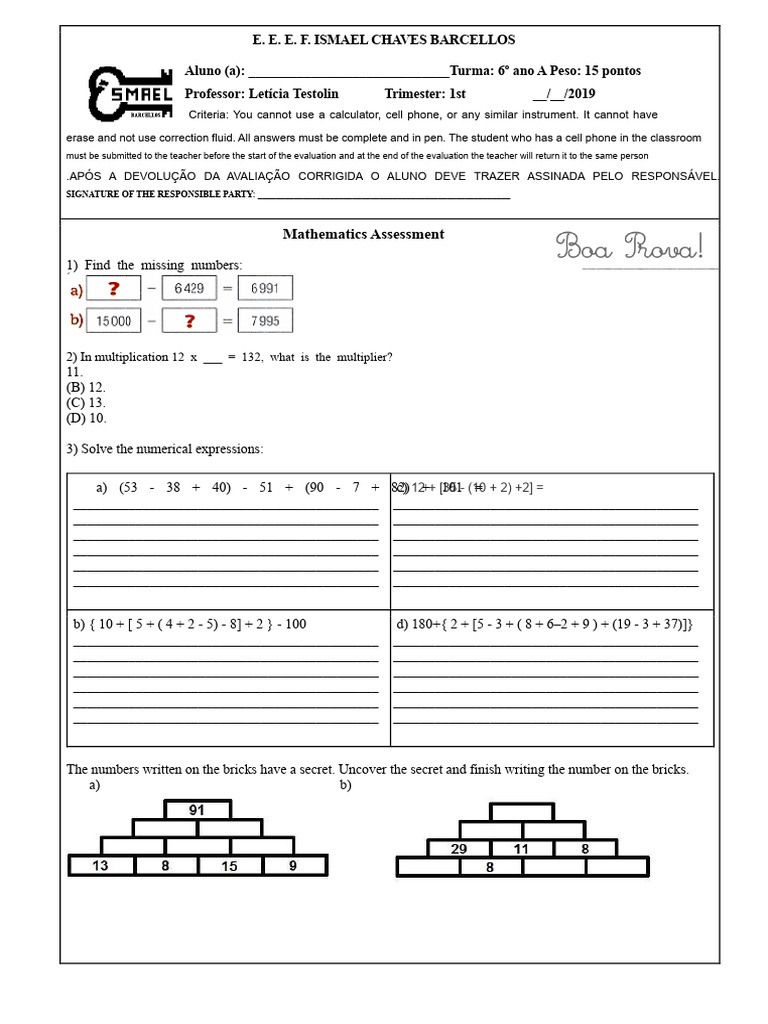 6th Grade Assessment: Operations with Natural Numbers | PDF