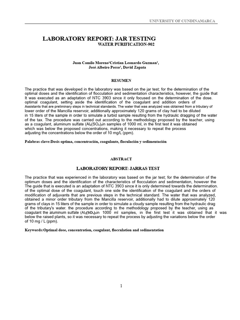 Jar Test Report | PDF | Chemistry | Water Treatment