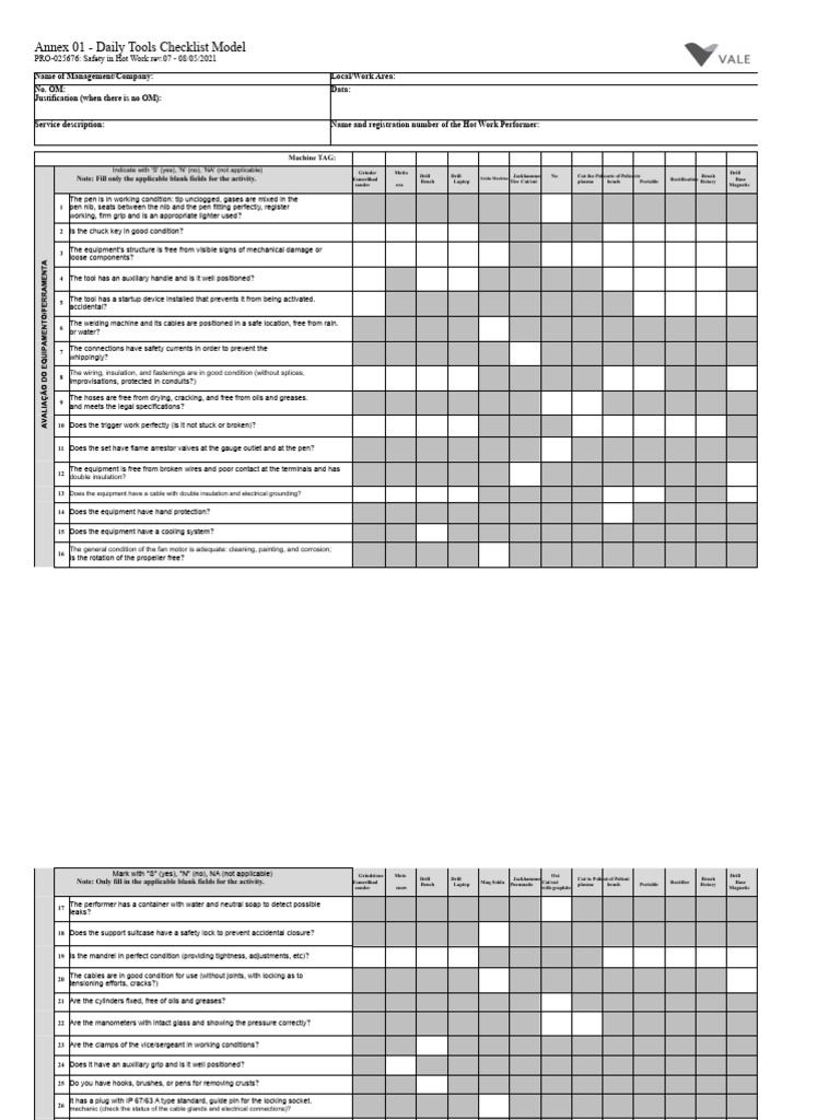 Annex 01 - Daily Tools Checklist Template - Rev. 07 | PDF | Electrical ...