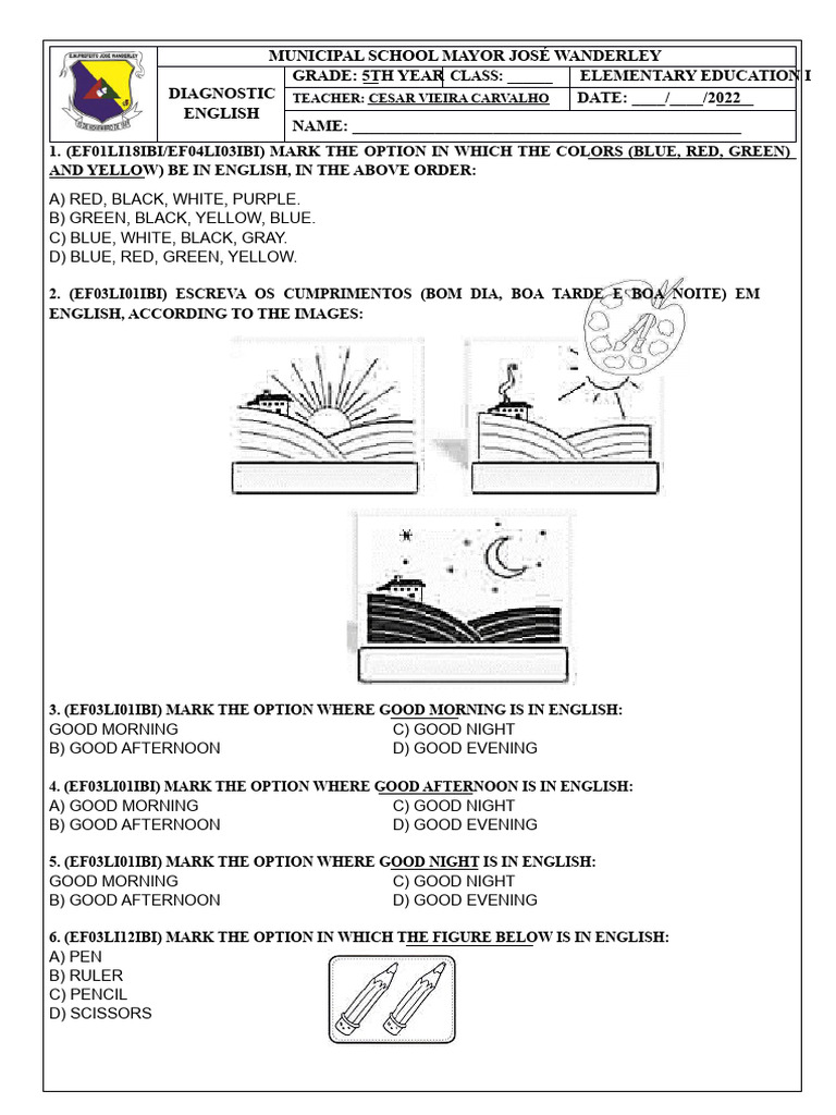 5th Grade English Diagnostic Test | PDF