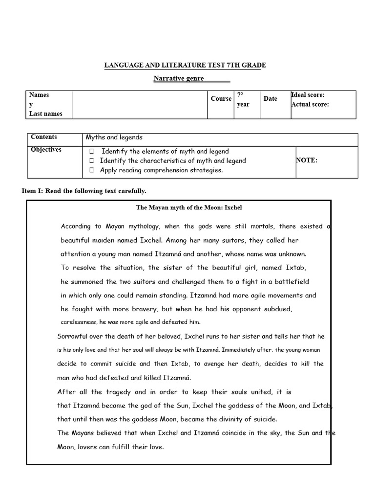 LANGUAGE AND LITERATURE TEST FOR 7th GRADE MYTHS AND LEGENDS (Revised ...