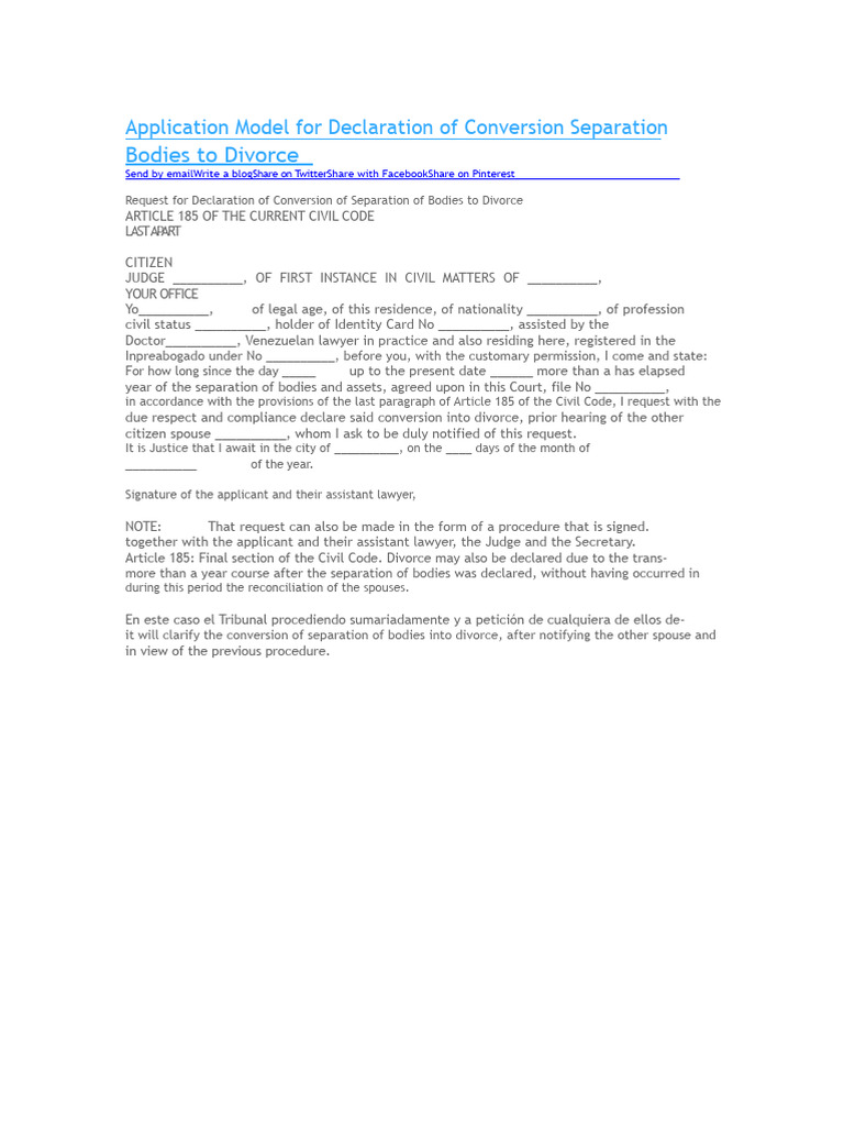Model Request For Declaration of Conversion of Separation of Bodies To ...