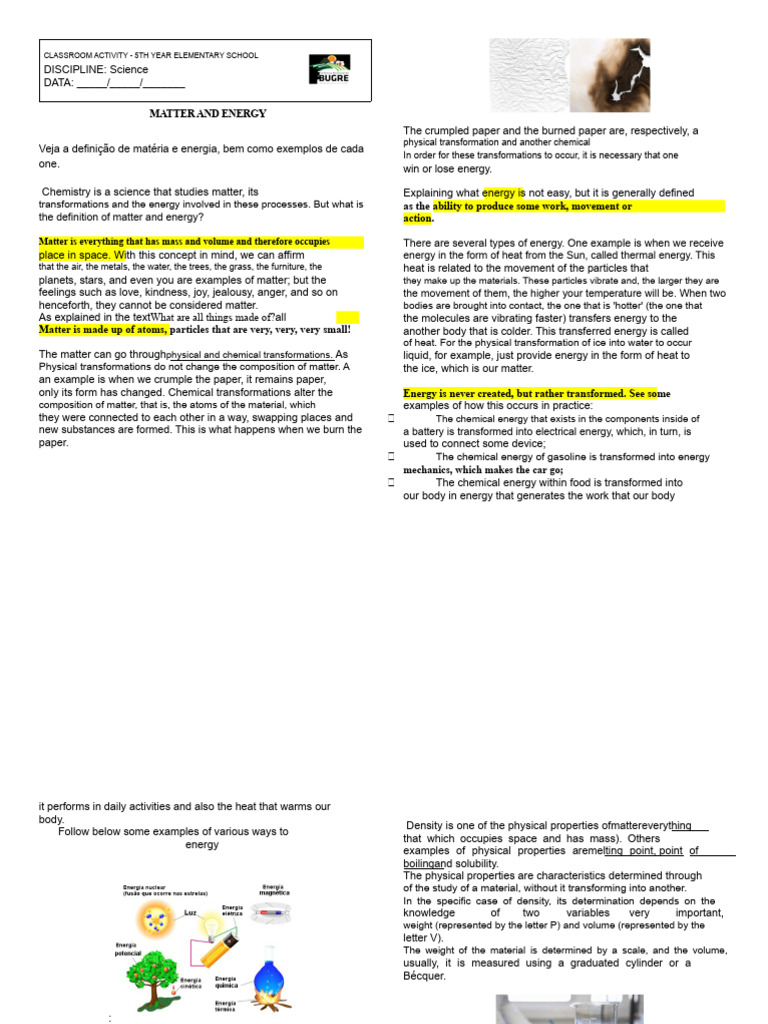 CLASSROOM ACTIVITY - 5th Grade - Matter and Energy | PDF | Matter ...