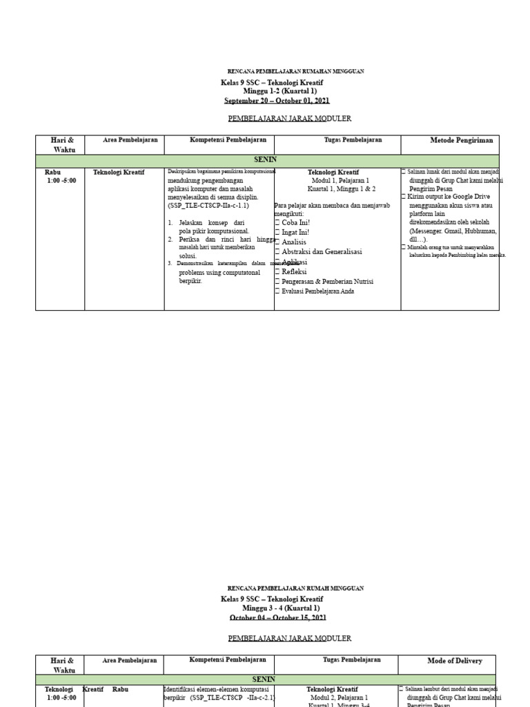 Rencana Pembelajaran di Rumah Mingguan (Kelas 9 - SSC) | PDF