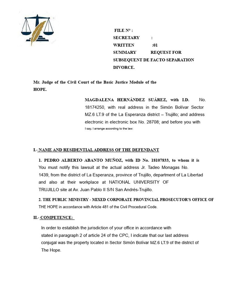 Divorce Petition For Cause of de Facto Separation | PDF | Divorce ...