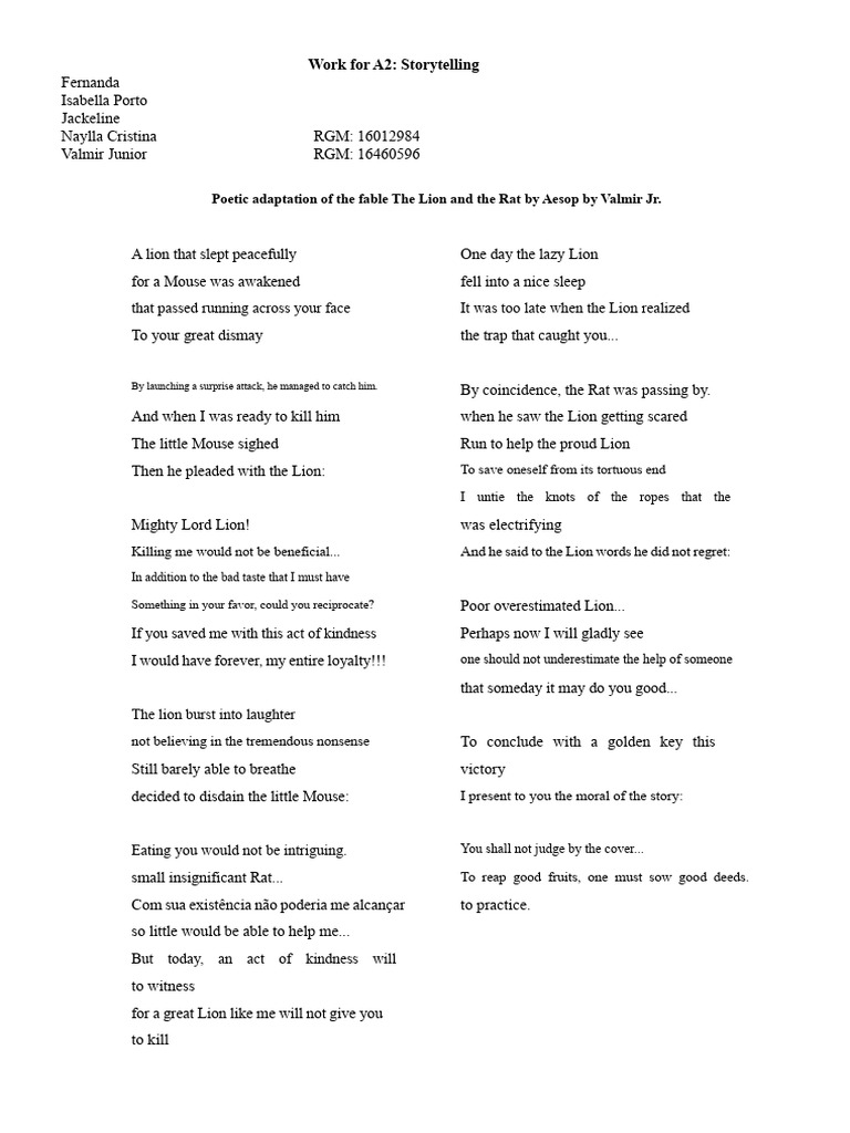 Poem The Lion and The Mouse | PDF | Allegory | Traditional Stories