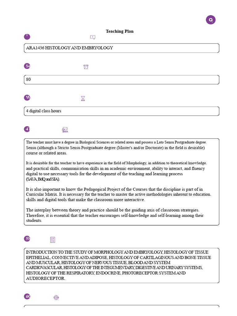 Histology and Embryology Teaching Plan | PDF | Tissue (Biology) | Histology