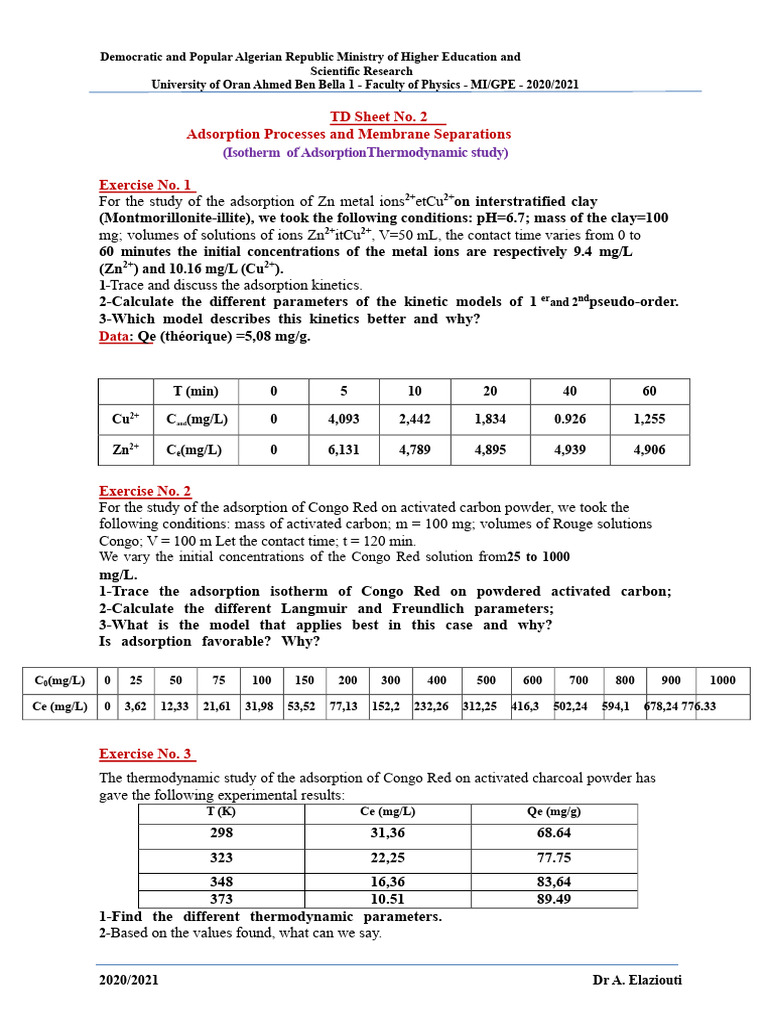 TD Sheet No. 2 and correction | PDF | Adsorption | Physical Chemistry