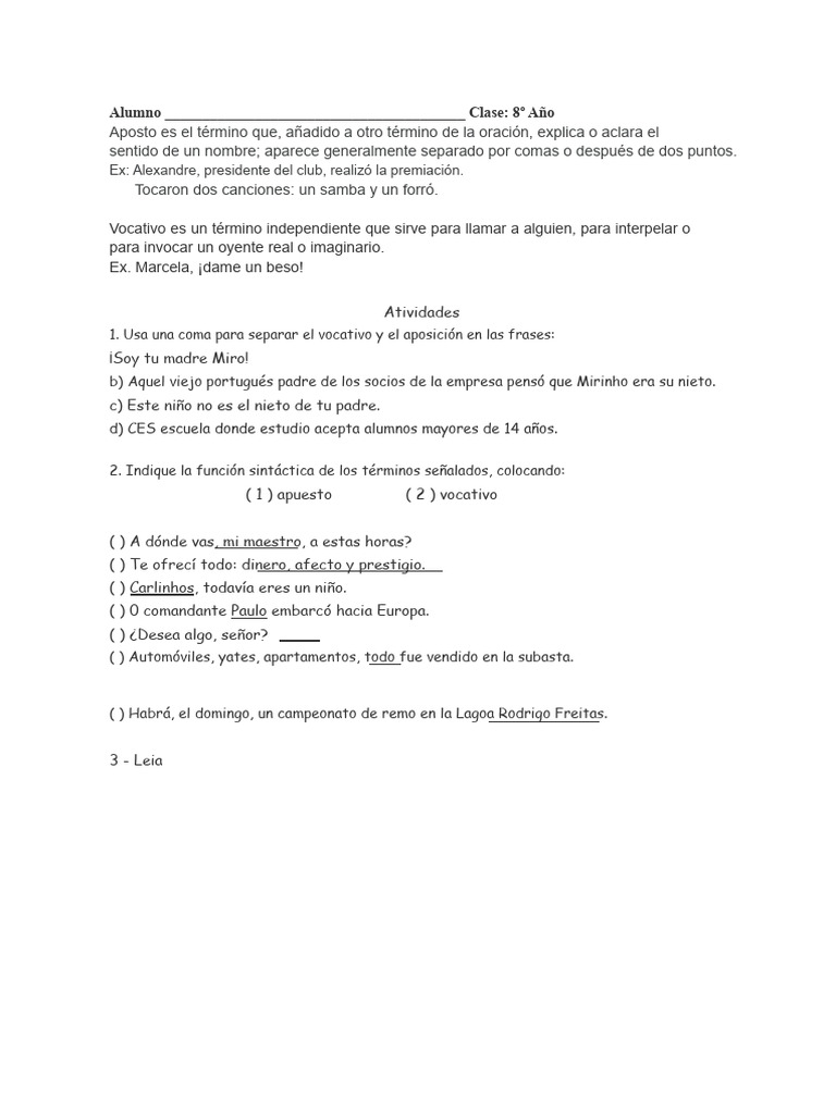 Aposición y vocativo en oraciones | PDF | Mecánica del lenguaje | Gramática