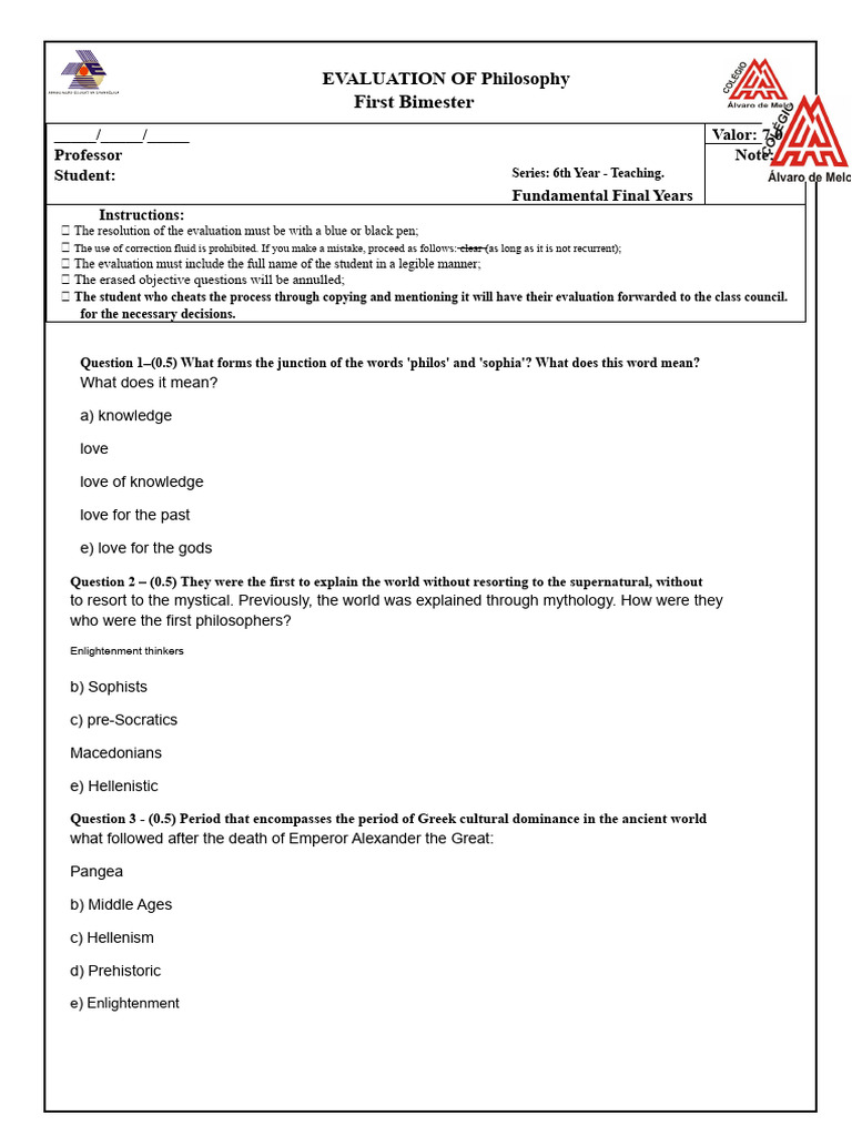 Philosophy Evaluation: First Bimester | PDF