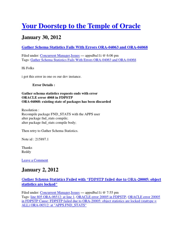 Resolving Common Oracle E-Business Suite Issues: Gathering Schema Statistics, Concurrent Manager ...