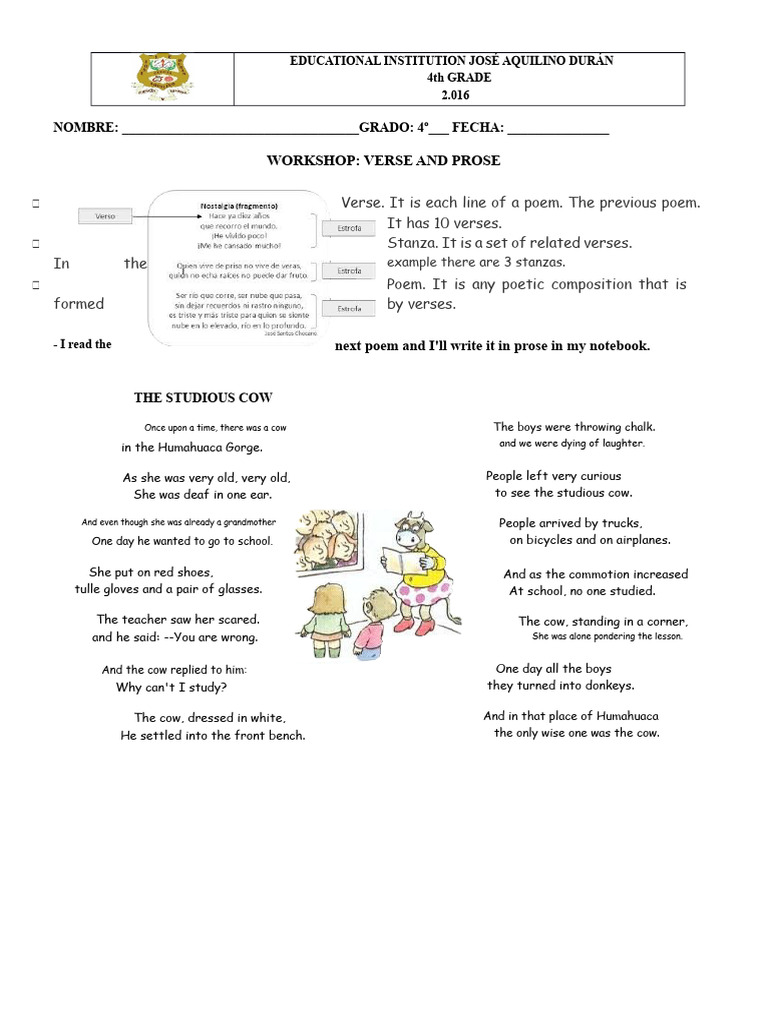 4th Grade Workshop: Verse and Prose | PDF | Poetry | Prose